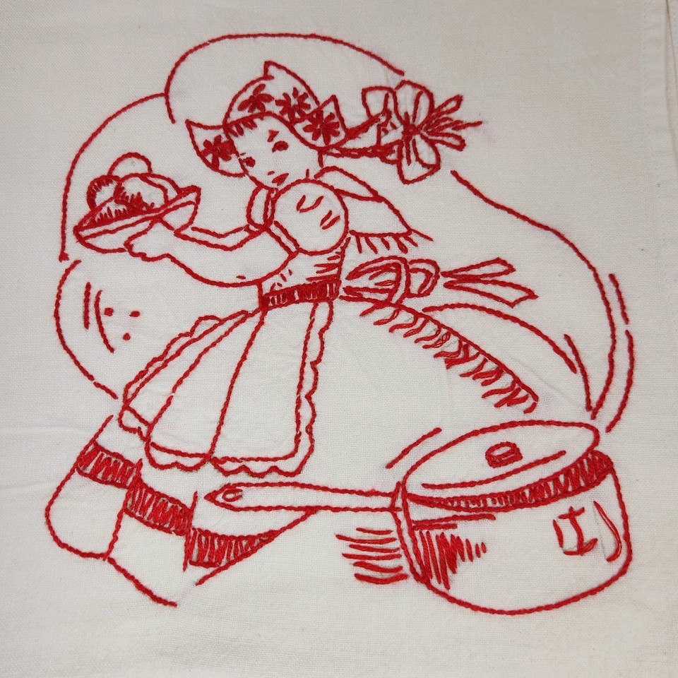 Vtg Hand Embroidered Redwork Dutch Girl Chores Kitchen Dish Towels (Lot ...