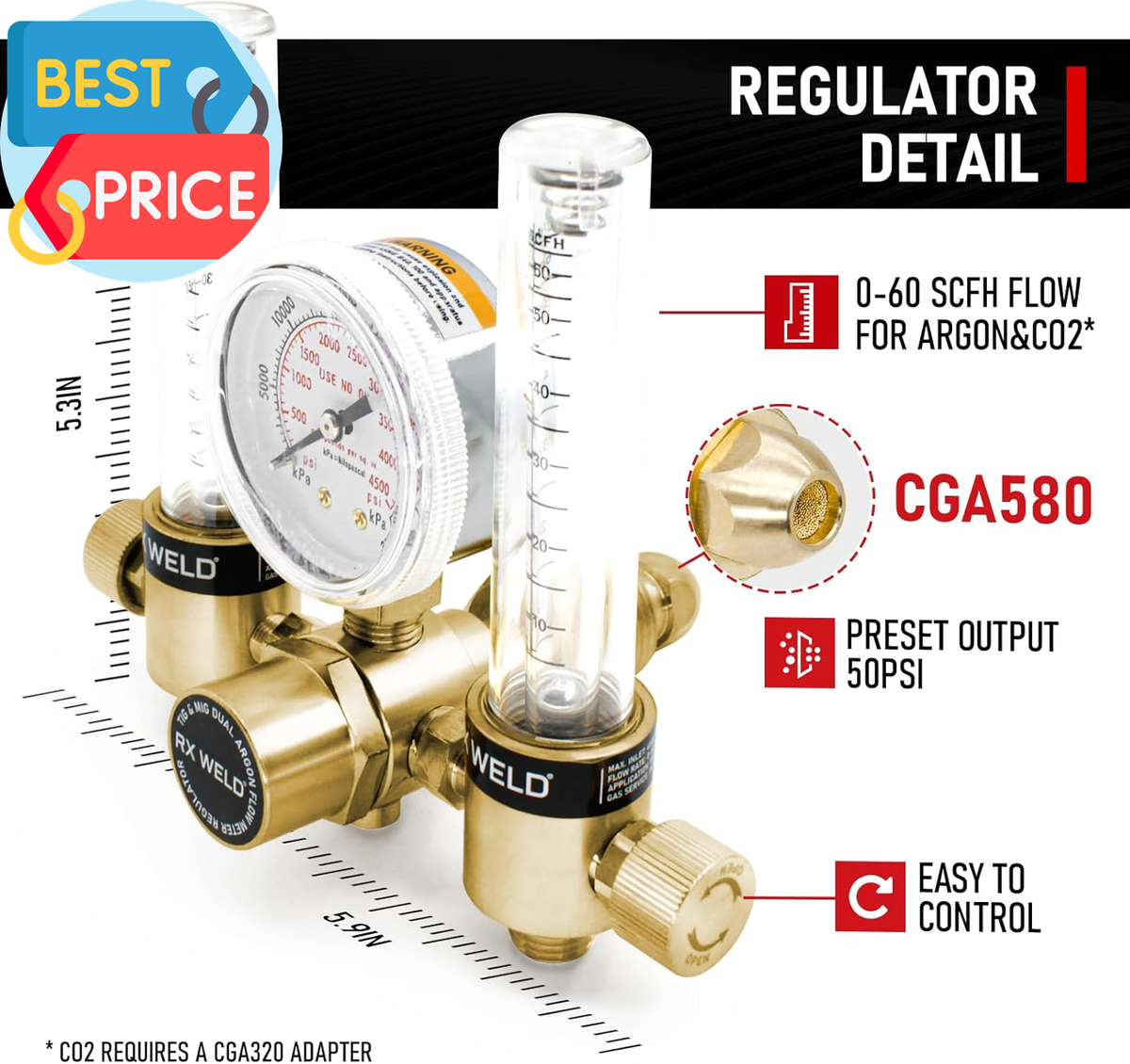Argon Tank Tig Welding RX WELD Dual Gauge Argon Regulator - CGA580 ...