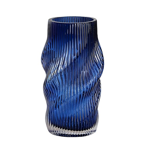 Blue Ribbed Glass Flower Vase, Irregular Shaped Modern Minimalist Glass ...