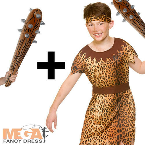 Stone Age Cave Boy + Inflatable Club Kids Fancy Dress Caveman Book Day ...