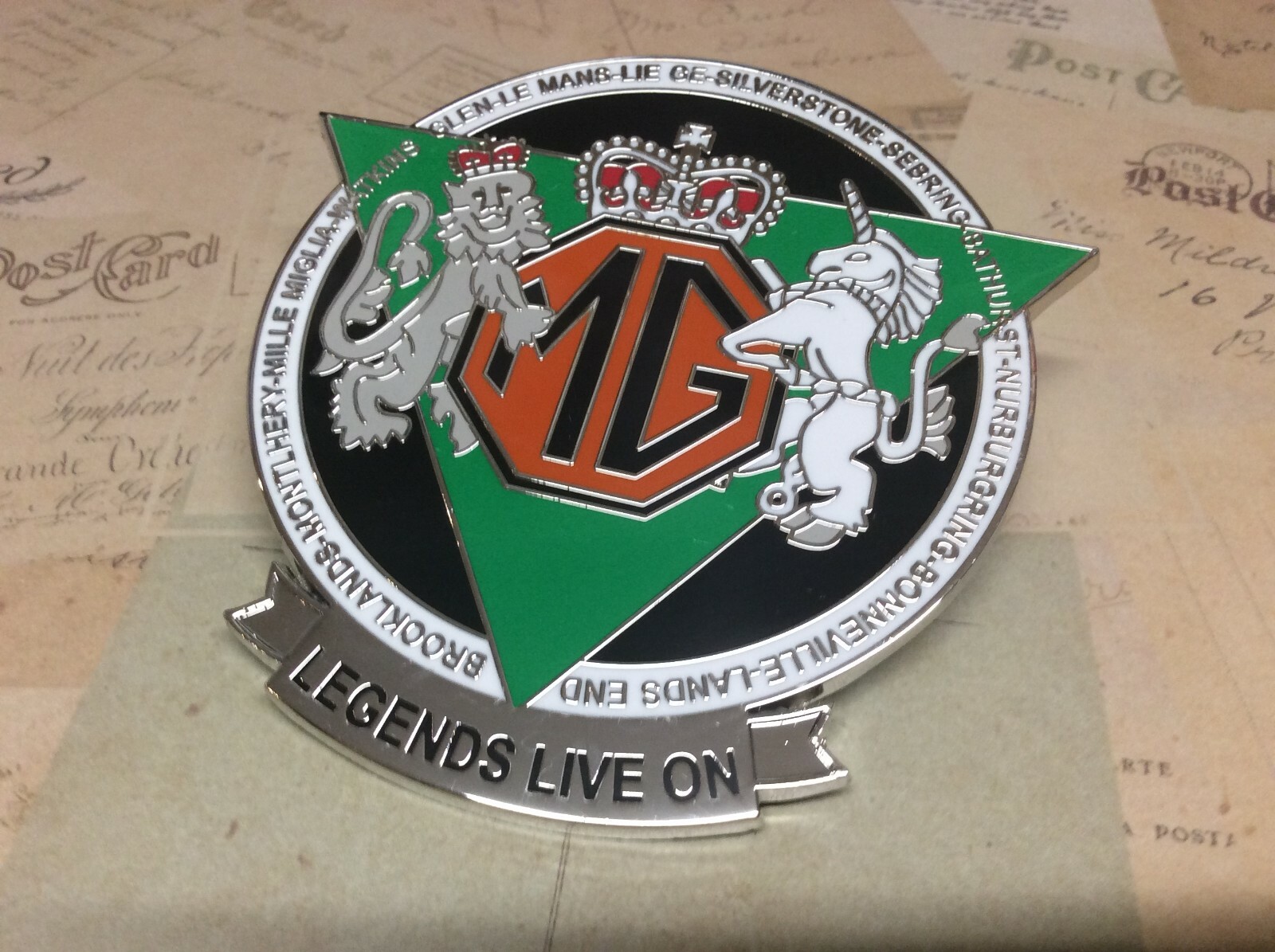 MG LEGENDS LIVE ON CHROME ENAMEL CAR BADGE BROOKLANDS SILVERSTONE MILLE ...