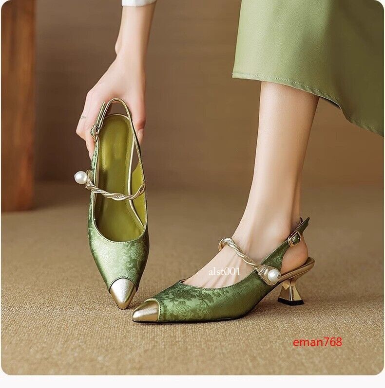 Women Chinese Style Pointed Toe Sandals Summer Kitten Heel Slingback ...