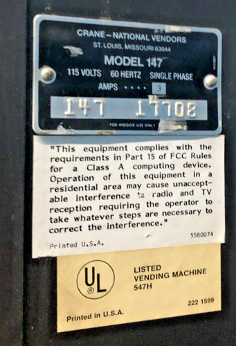 CRANE-NATIONAL VENDING MACHINE MODEL 147 40 SLOT $ BILL VALIDATOR | eBay