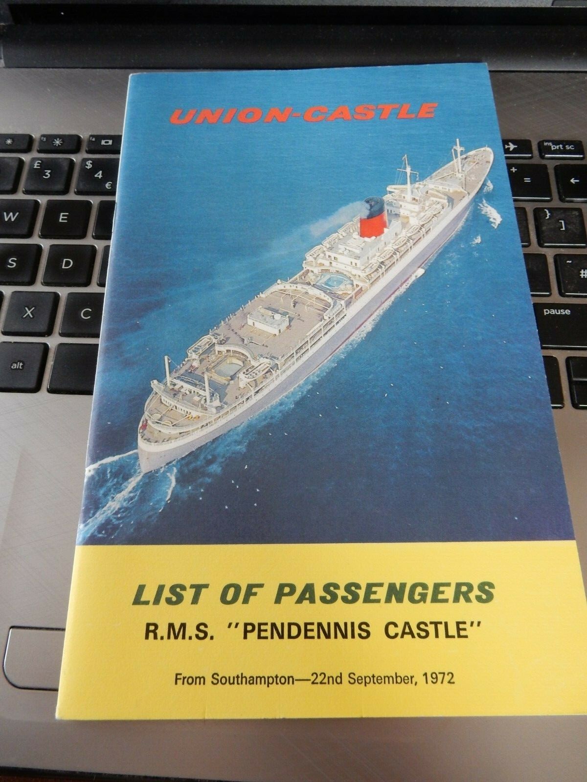 UNION CASTLE LINE RMS PENDENNIS CASTLE 1972 PASSENGER LIST `13/21CM ...
