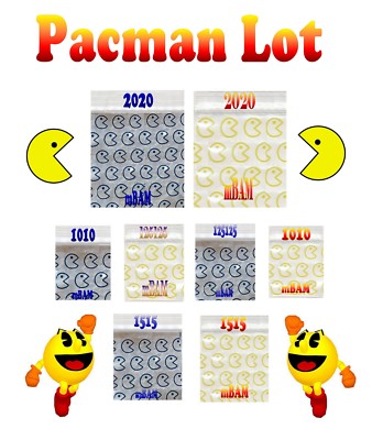 100 PACMAN BLUE YELLOW PACMAN LOT Apple Zip Baggies 1.0x1.0" to 2.0x2.0 ...