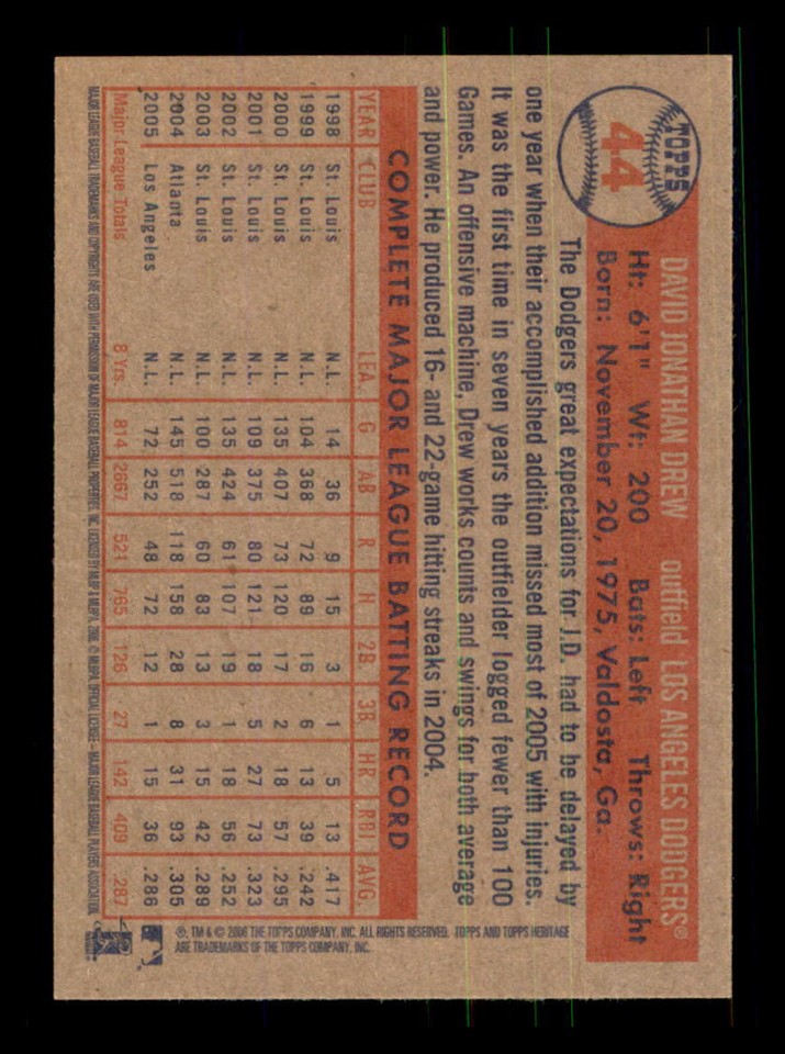 2006 Baseball Topps Heritage J.D. Drew Los Angeles Dodgers #44 | eBay