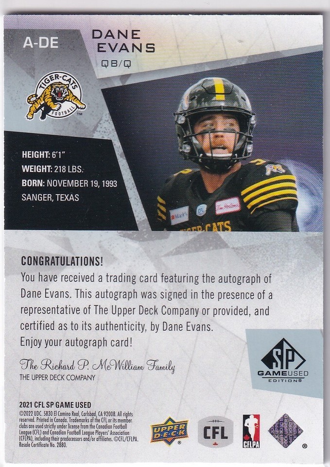 2021 CFL Game Used Dane Evans Auto | eBay
