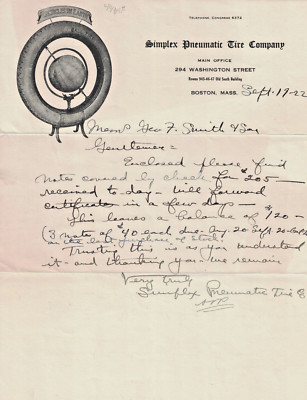 Letter Sept 19 1922 Simplex Pneumatic Tire Company Boston Mass Main ...