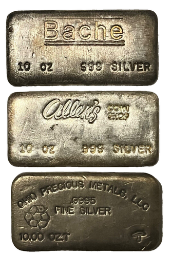 3 10 oz Vintage Silver Bar Lot Bache Allens Coin Shop Ohio Precious ...