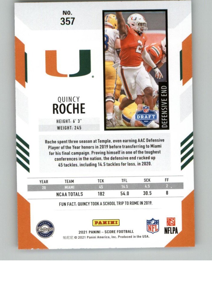 2021 Score Quincy Roche 357 Miami Hurricanes Red | eBay