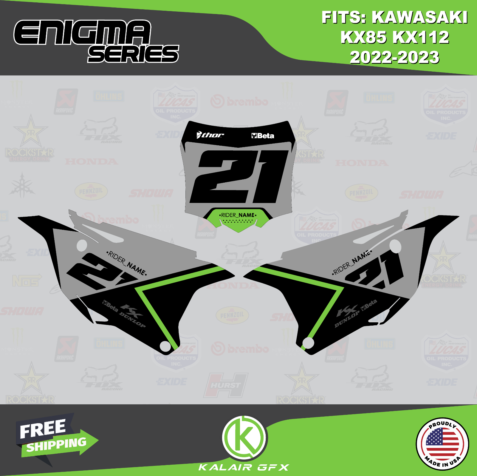 Graphics Kit for KAWASAKI KX85 KX112 2022 2023 Enigma-Green | eBay