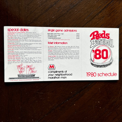1980 Cincinnati Reds Baseball Pocket Schedule-Marathon Oil | eBay