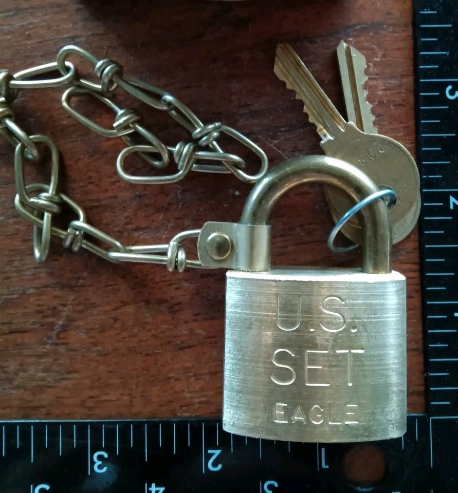 US Military Brass Foot Locker Padlock With Chain & Keys Eagle Lock New ...