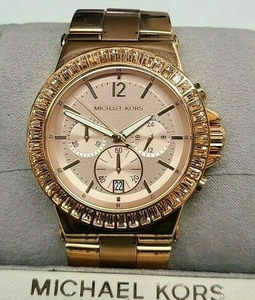 Michael Kors Women's Rose Gold tone Crystals on Bezel Bracelet Watch ...