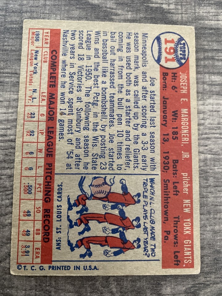 1957 Topps Set-Break #191 Joe Margoneri | eBay