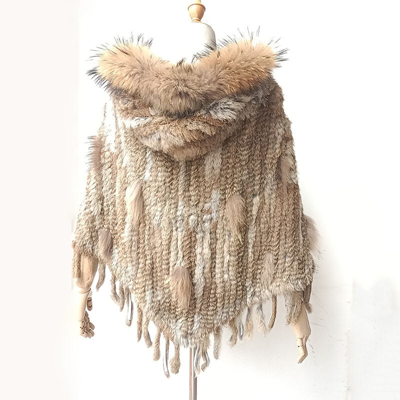 Women Knitted Real Rabbit Fur Hood Coat Raccoon Fur Collar Tassel Cloak ...