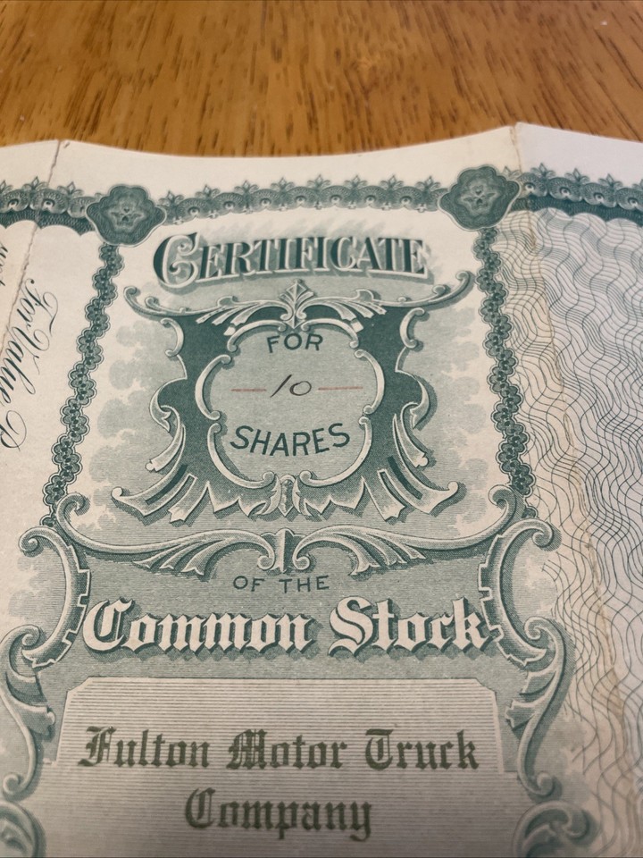 Fulton Motor Truck Company Capital Stock Certificate #2405 | eBay