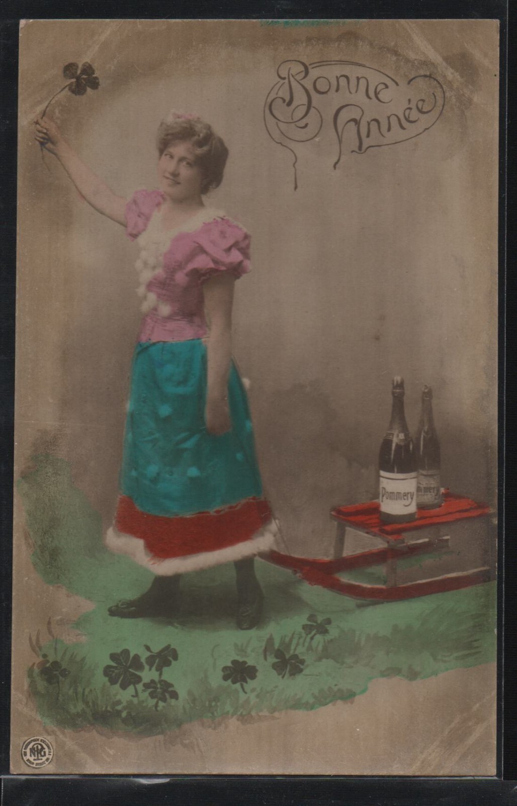 CE143 SURREALISM FANTASY New Year LADY WOMAN SLEDGE CHAMPAGNE ...