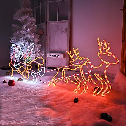315 LED Santa Sleigh and Reindeer Lights, Christmas Reindeer Sleigh ...