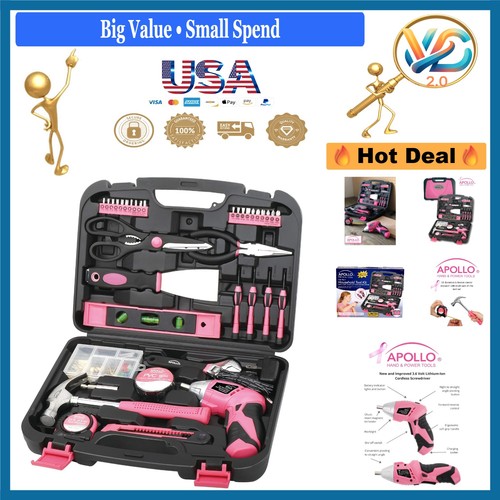 Pink 135-Piece Household Tools Set with Cordless Screwdriver ...