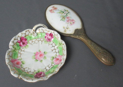 2 Vintage Dresser Pieces Handheld Mirror & Trinket Pin Dish Nippon - c4 ...