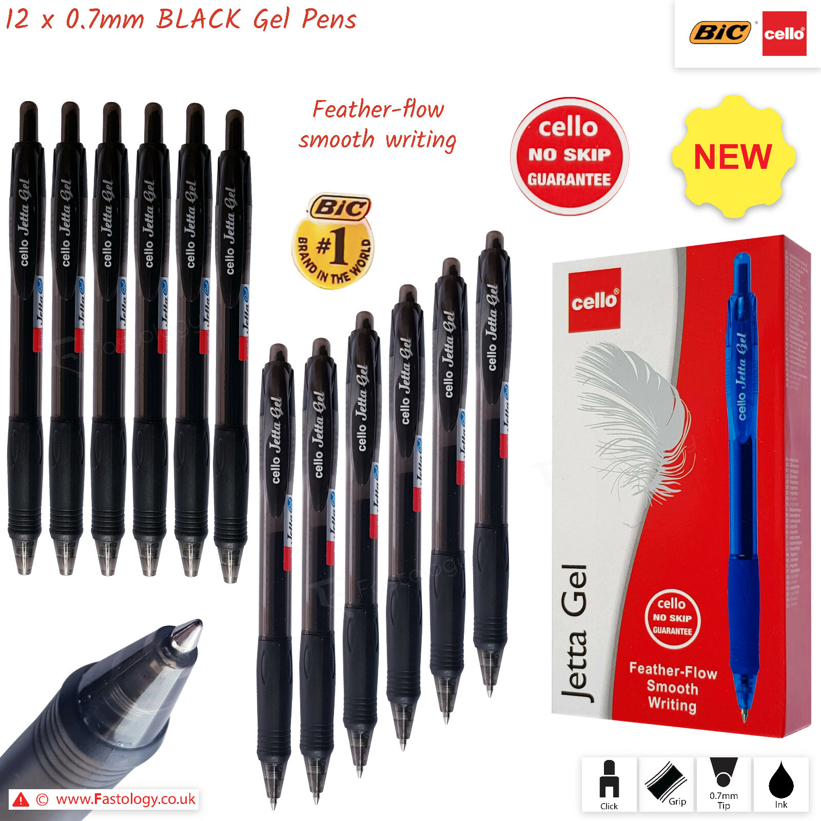 12 x BIC CELLO Jetta 0.7mm Fine BLACK BLUE RED Smooth Writing Gel Pens ...