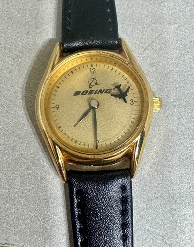 Vintage Boeing Watch Women 23mm Gold Tone Dial Black Leather Band New ...