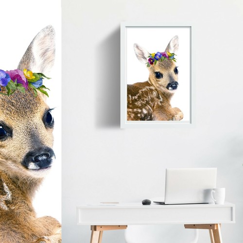 Baby Fawn Forrest Animal Deer Woodland Flowers Watercolour Wall Art ...