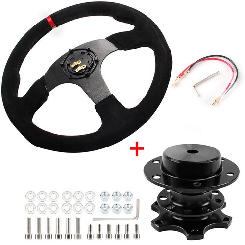 14" Steering Wheel Suede Leather Drifting 6 Bolt & Quick Release ...