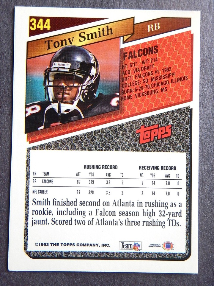 Tony Smith #344 Topps 1993 Football Card (Atlanta Falcons) VG | eBay