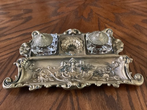 Antique Brass Double Inkwell & Pen Stand 2 Leaded Glass Inkwells with ...