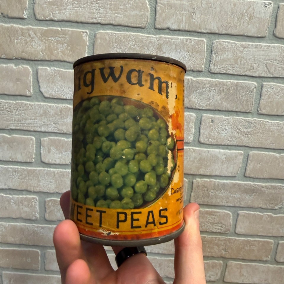 ANTIQUE WIGWAM PEAS FOOD CAN MENOMINEE GROCERY STORE TIN NATIVE ...