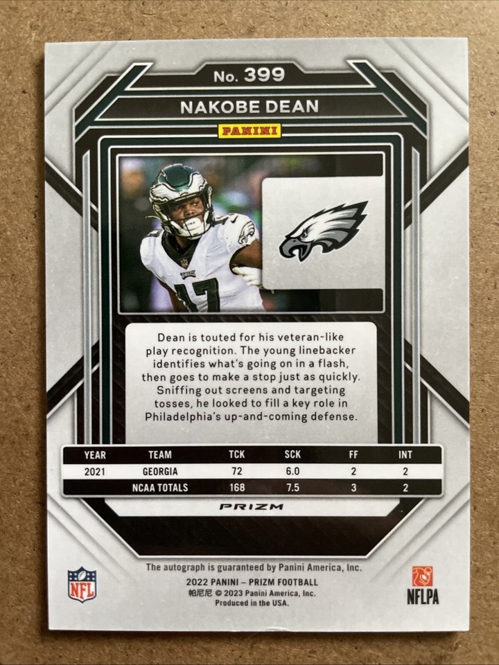 2022 PANINI Prizm Nakobe Dean Silver Prizm Rookie Autograph Auto RC ...