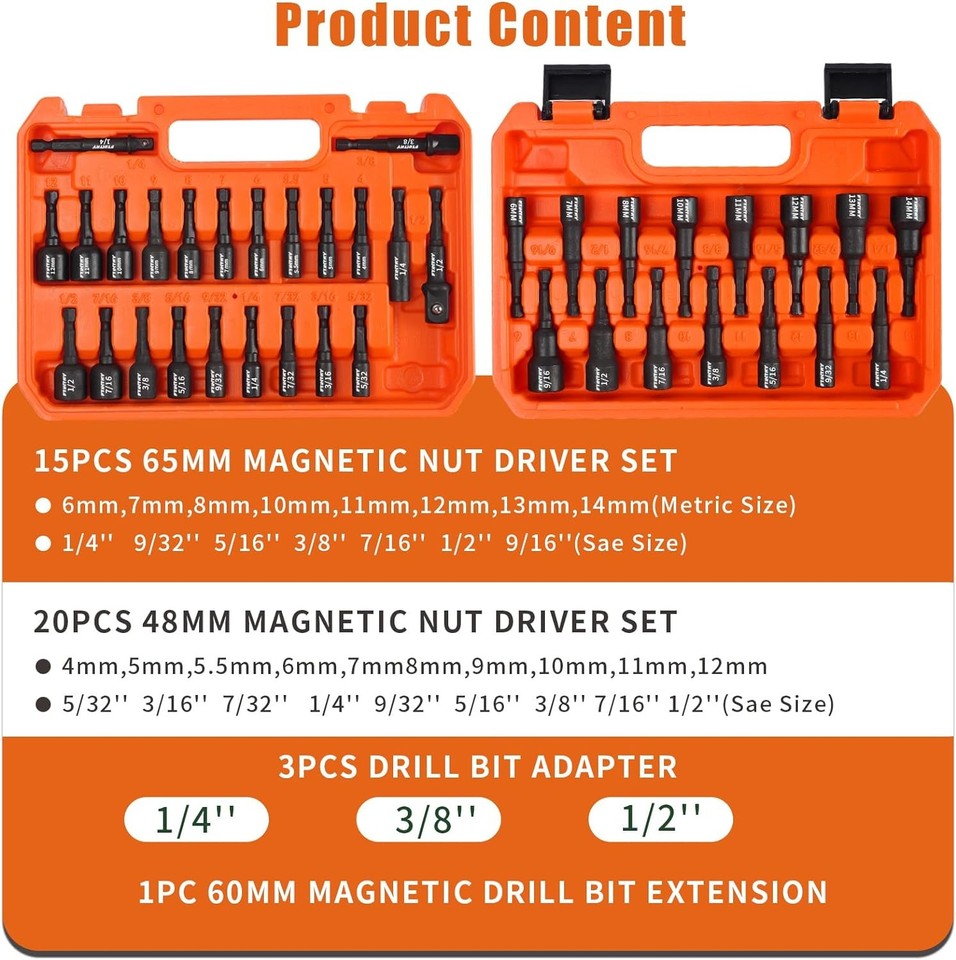 39Pcs Magnetic Nut Driver Set for Impact Drill, Metric & SAE Magnetic ...