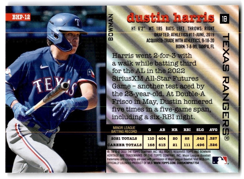 2022 Bowman Heritage Dustin Harris Texas Rangers #BHP-12 | eBay