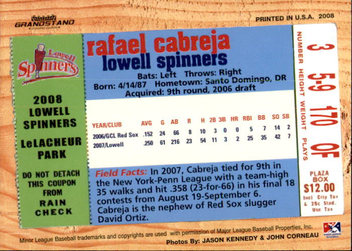 2008 Lowell Spinners Grandstand #7 Rafael Cabreja Dominican Republic DR ...