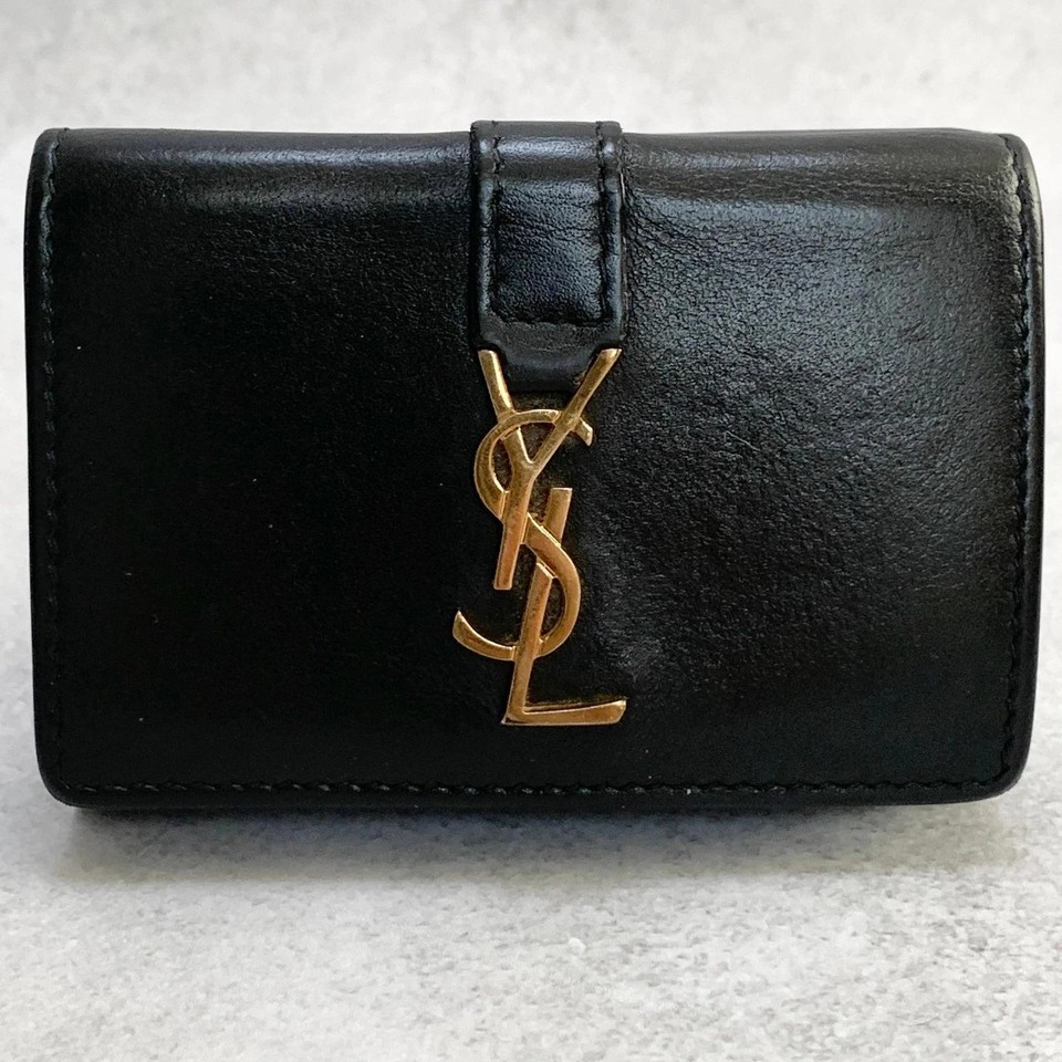Saint Laurent Cassandra YSL Tri-fold Wallet Compact Black Gold Leather ...