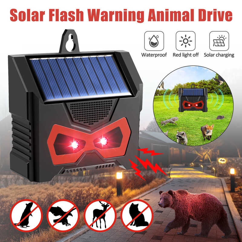 Solar Ultrasonic Nocturnal Animal Repeller w/ Red LED Light Deer Fox ...