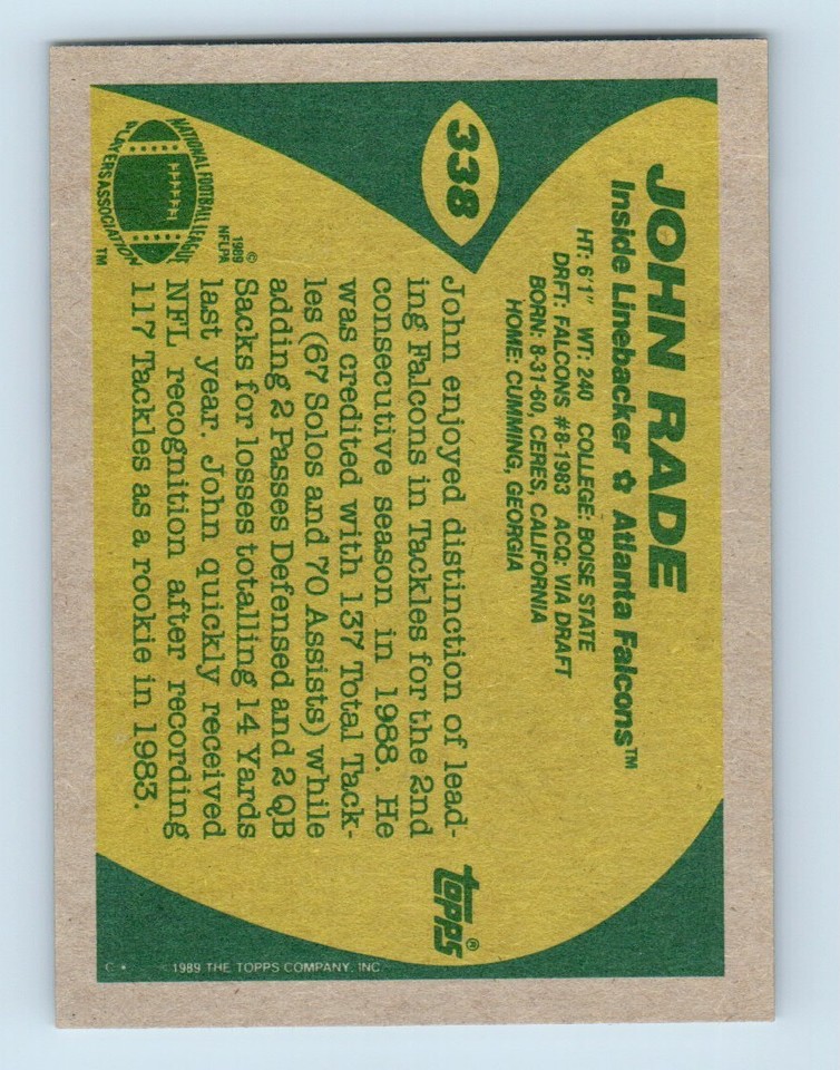 1989 Topps John Rade Atlanta Falcons #338 | eBay