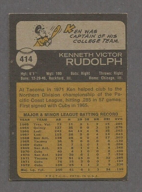 1973 TOPPS KEN RUDOLPH CHICAGO CUBS #414 EX/EXMT FREE SHIPPING | eBay