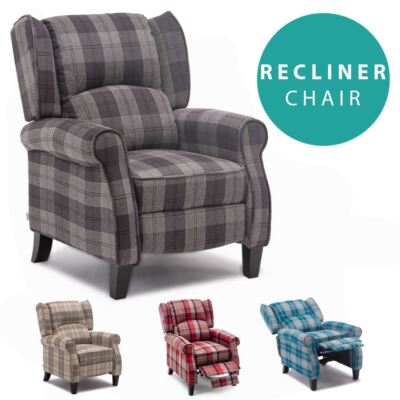 EATON WING BACK FIRESIDE CHECK FABRIC RECLINER ARMCHAIR SOFA LOUNGE ...