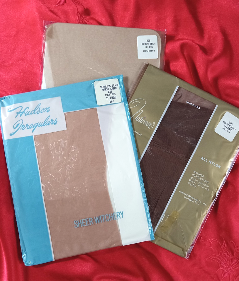 SZ 11 LONG VTG FLAT KNIT NYLON GARTER STOCKINGS 3 PRS SEXY LEG LINGERIE ...