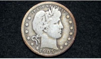 1905 p Barber Quarter * 90% Silver * CHOICE VG * Nicely Toned * FREE ...