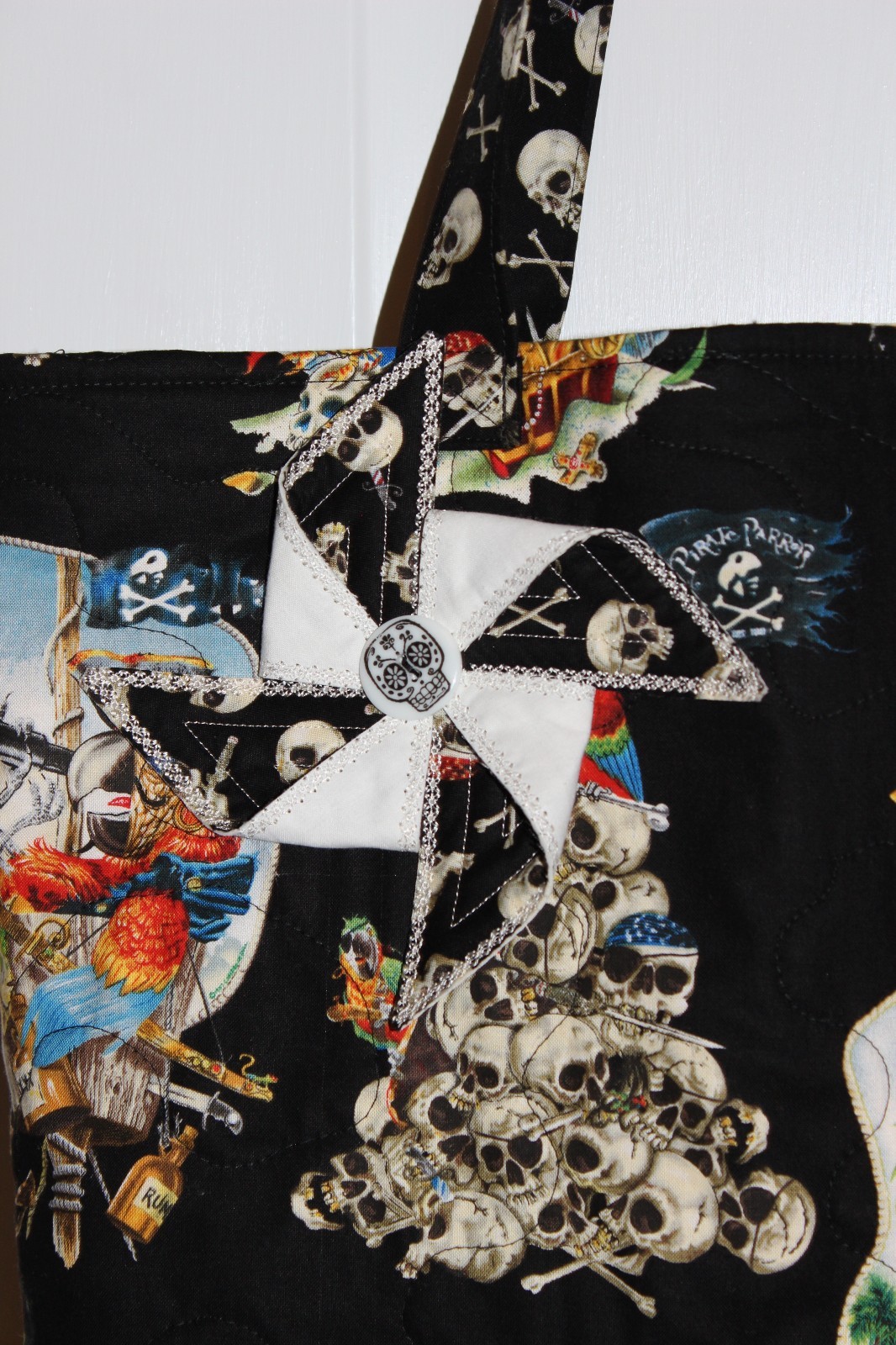Quilted Handmade Parrot Pirate Beach Scene Lined Shopping Tote Pinwheel ...