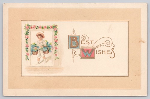 Vintage Best Wishes Postcard with Child and Flowers Embossed Germany | eBay