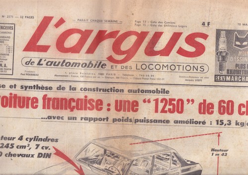 L'ARGUS N°2571 VOITURE FRANCAISE UNE "1250" DE 60 CH / B. DARNICHE | eBay