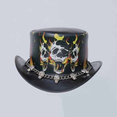 Skulls & Flame Printed Leather Motorcycle Chopper Biker Rider Top Hat ...