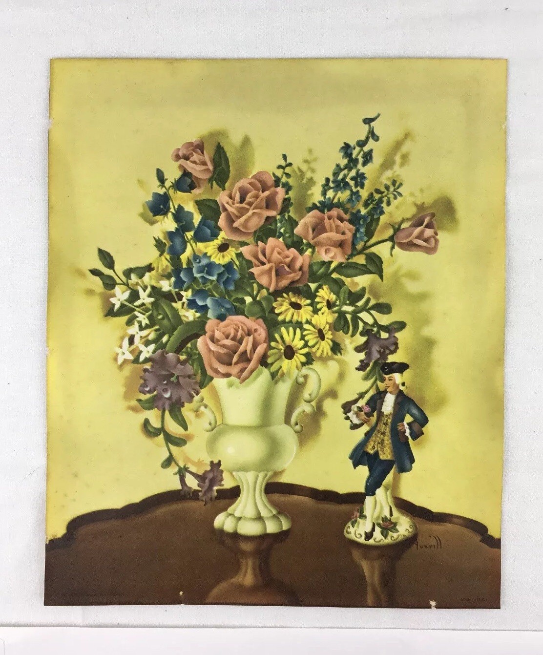 Vintage 30's Art Print 10x12 Pink Roses Flowers White Vase Colonial Man ...