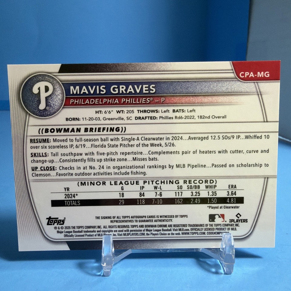 2025 Bowman Chrome 1st Mavis Graves Auto #CPA-MG RC Autograph Phillies ...
