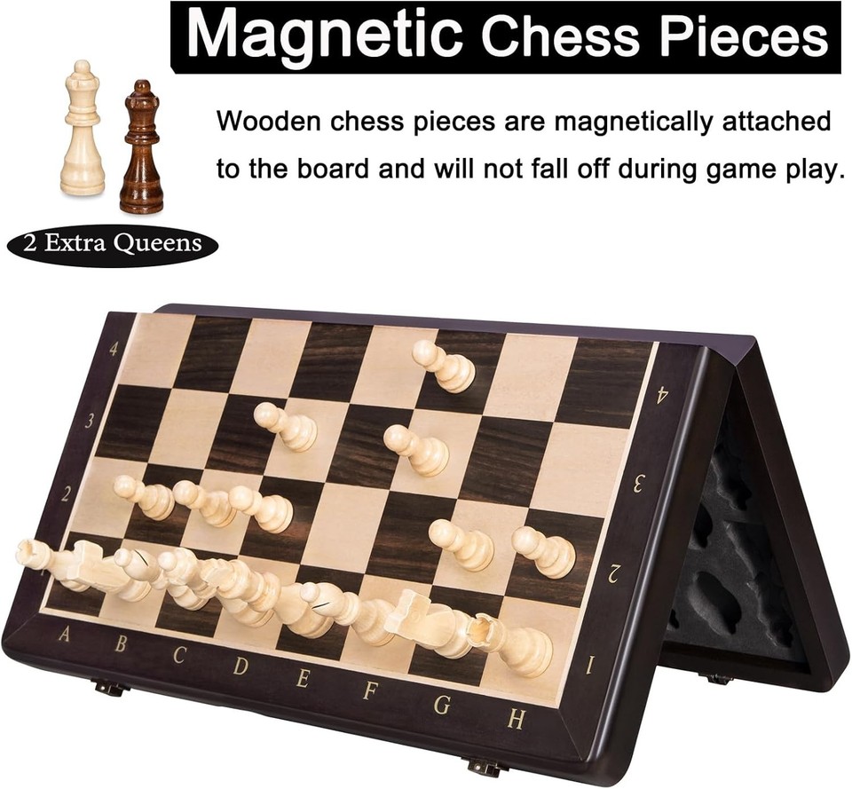 2 in 1 Wooden Magnetic Chess Set & Checkers Board Game-15'' Foldable ...